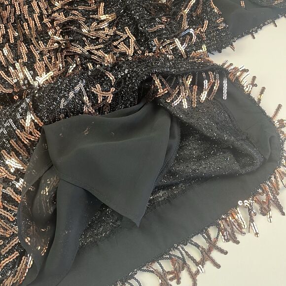 Zara | Dresses | Zara Sequin Fringe Mini Hessian Dress Sz M Black Gold ...